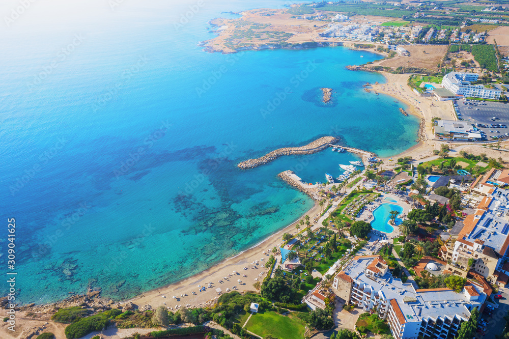 Cyprus landscape. Aerial panoramic view of bay with sandy beach and ...