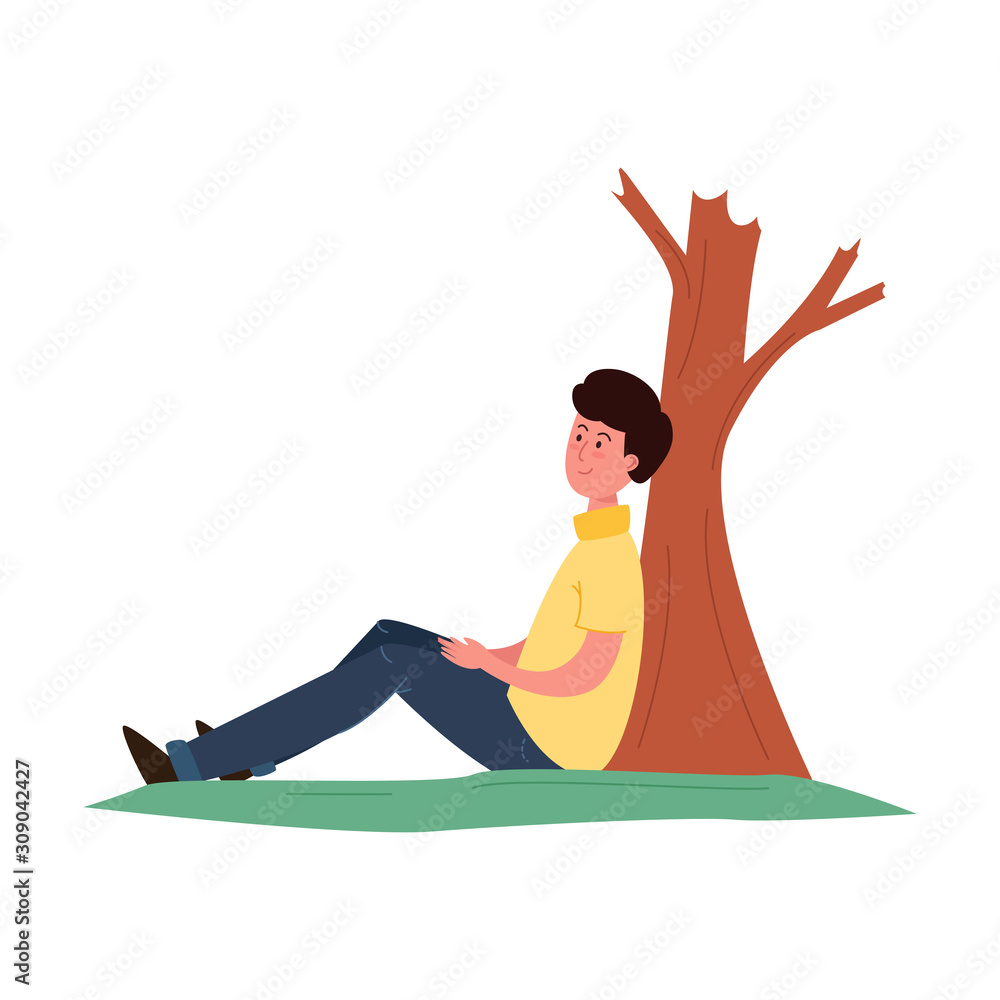 The young man sitting under a tree relaxes. Vector colorful ...
