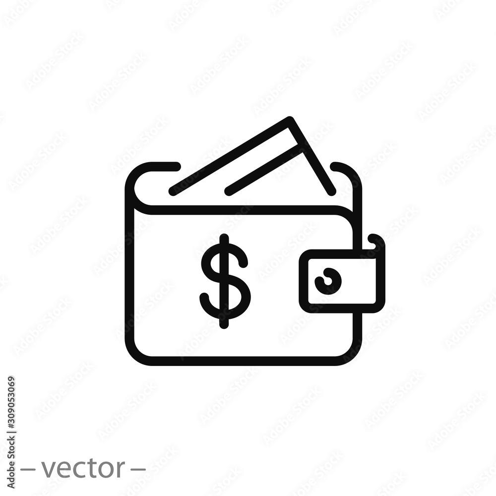 wallet icon, personal purse with credit card, thin line web symbol on ...