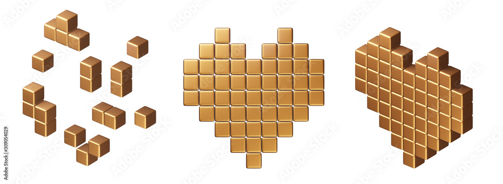 Gold frosted heart in pixel art style made of metal cubes. Stylized 3D ...