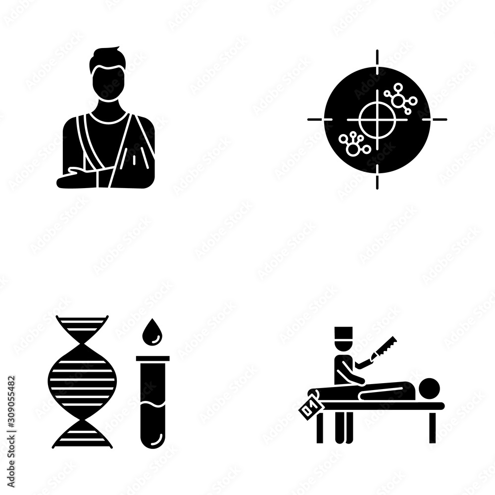 Medical procedure glyph icons set. Orthopedic cast. Immunotherapy ...