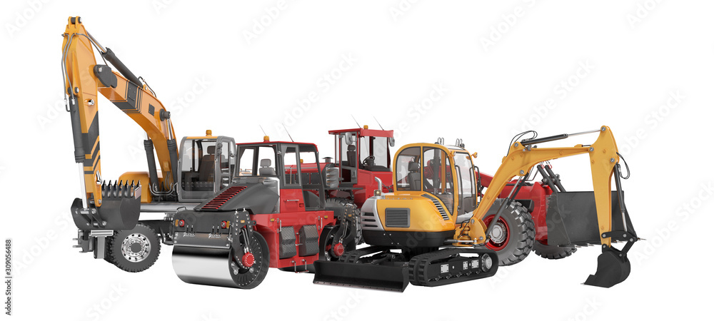 Concept group of road machinery excavator road roller 3D rendering on ...