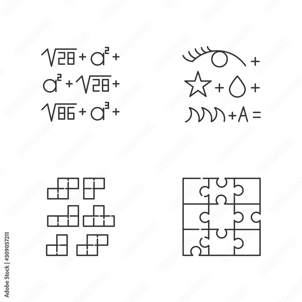 Puzzles and riddles linear icons set. Rebus. Block puzzle, tile ...