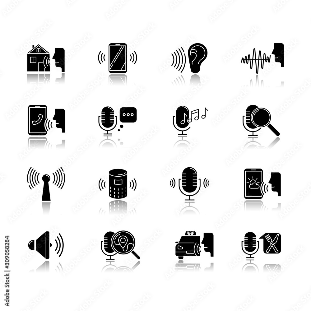Voice control drop shadow black glyph icons set. Sound request. Remote ...