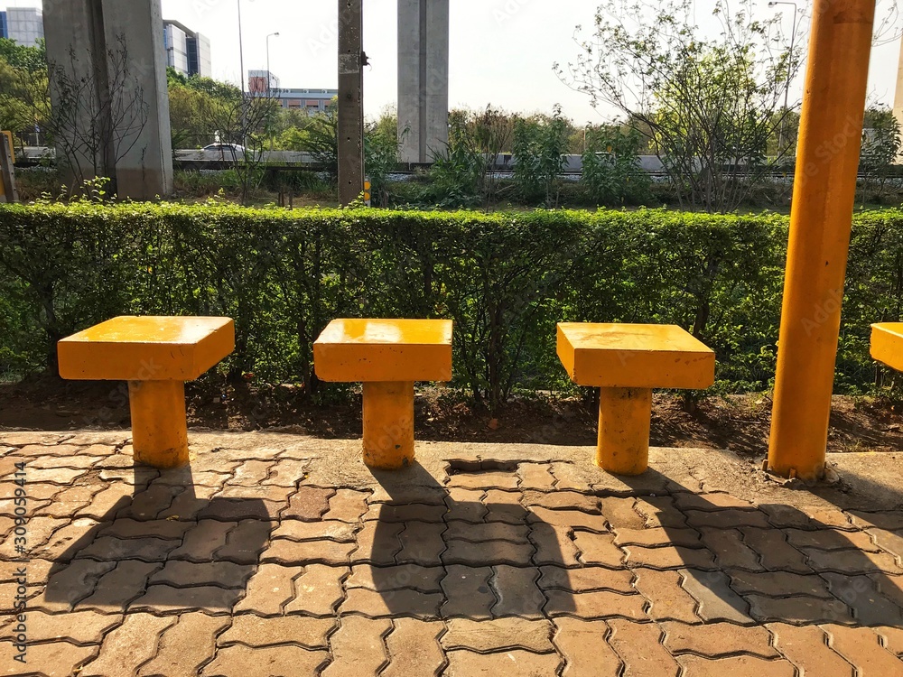 The three seats are at the bus stop on the hot day. Stock Photo | Adobe ...
