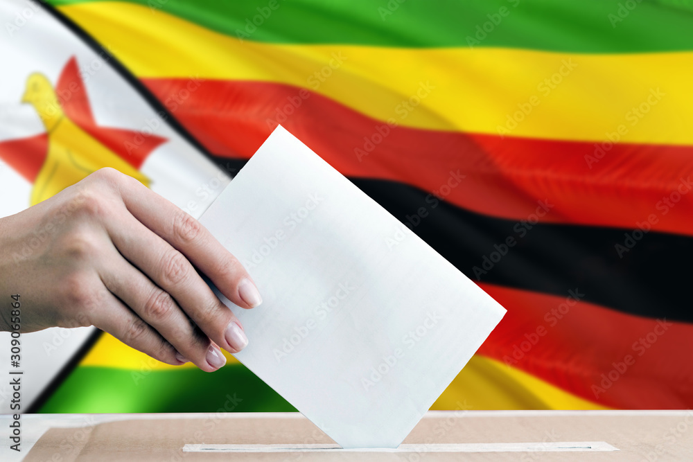 Zimbabwe election concept. Side view woman putting a ballot in a box on ...