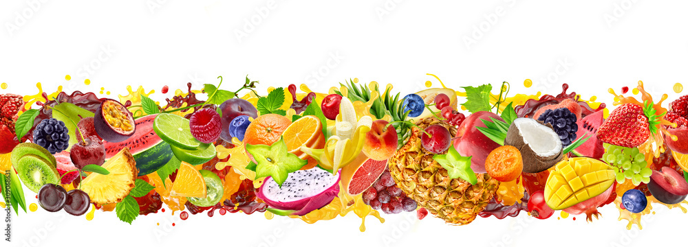 Seamless pattern of assorted fresh fruits berries collage border frame ...