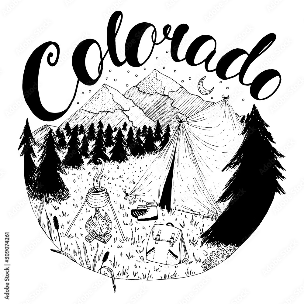 Colorado camping vector ink drawing with typography lettering. Mountain ...