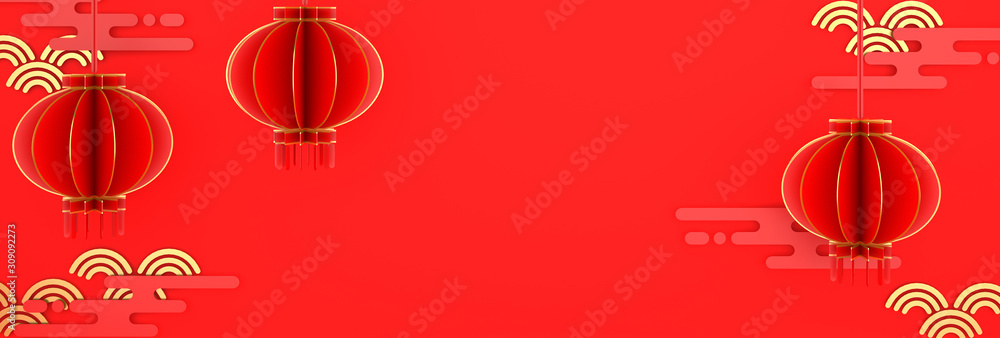 Happy Chinese new year banner, red and gold lantern lampion paper cut ...