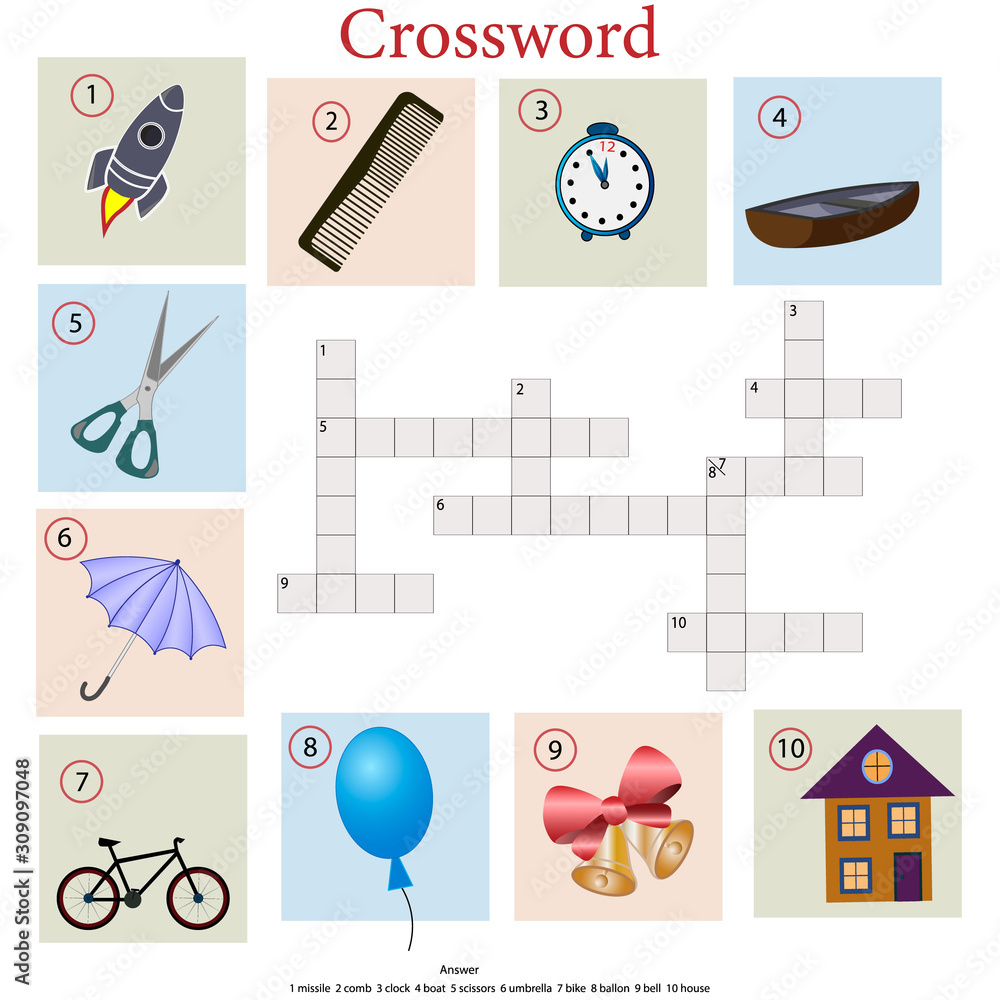 Crossword puzzle for children on the theme of objects in pictures with ...