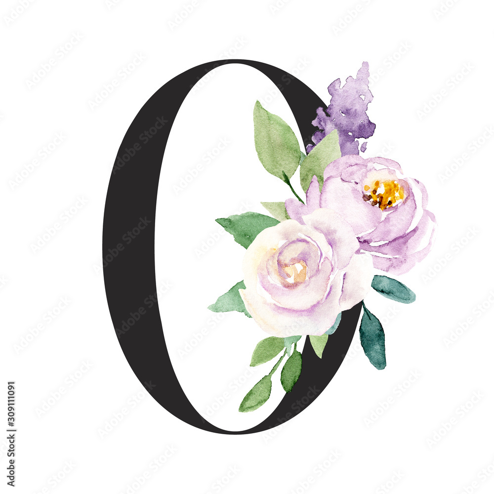 Number 0 with watercolor flowers roses, hand painting. Perfectly for ...