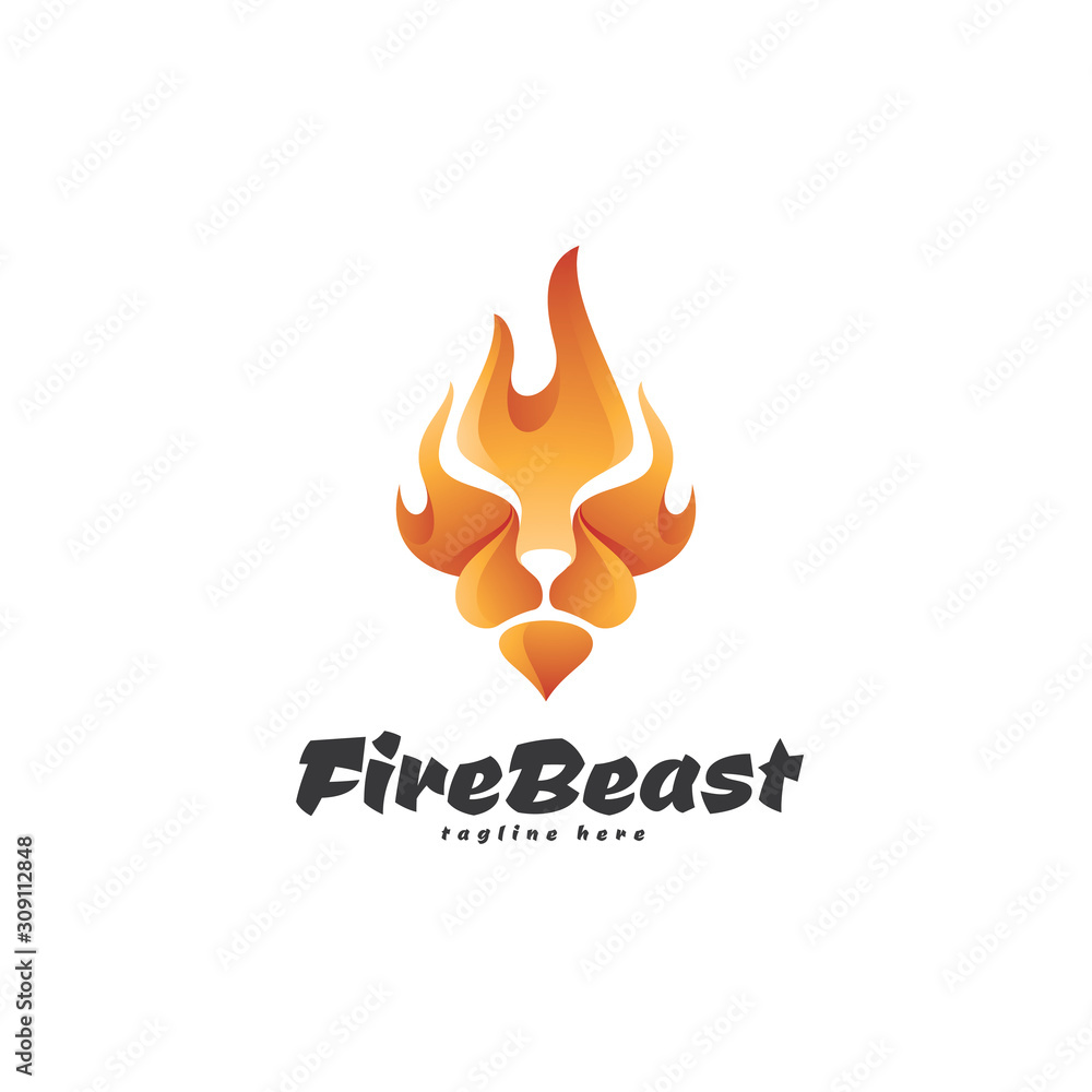 Abstract Beast Animal Lion Head and Fire Flame Illustration Logo Icon ...