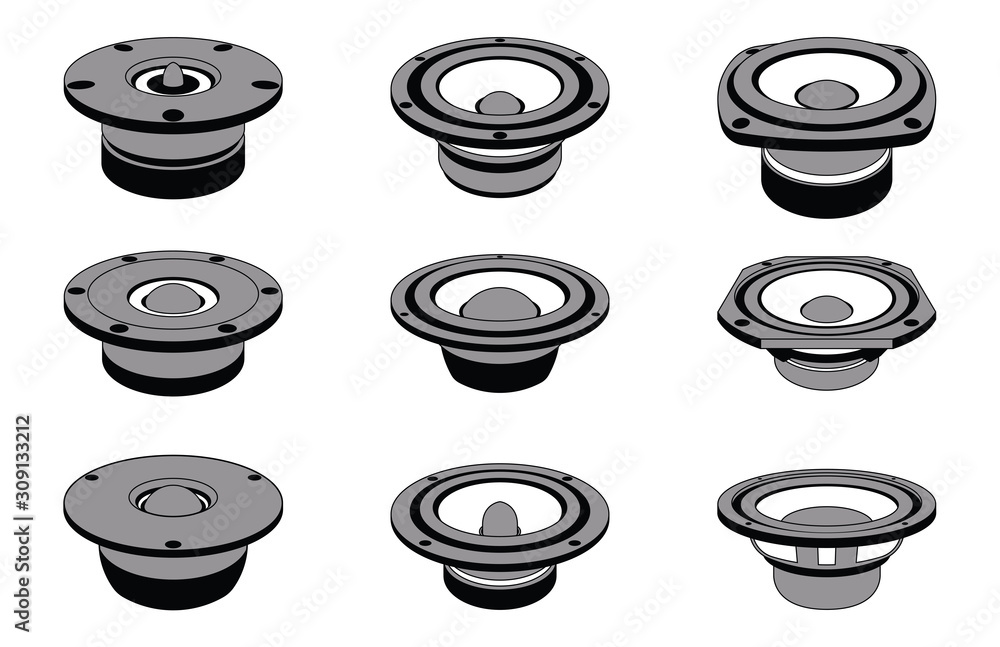 Speaker driver icon set. Tweeter Midrange Woofer. Vector illustration ...