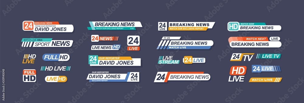 TV live news bars vector illustrations set. Headline titles design ...