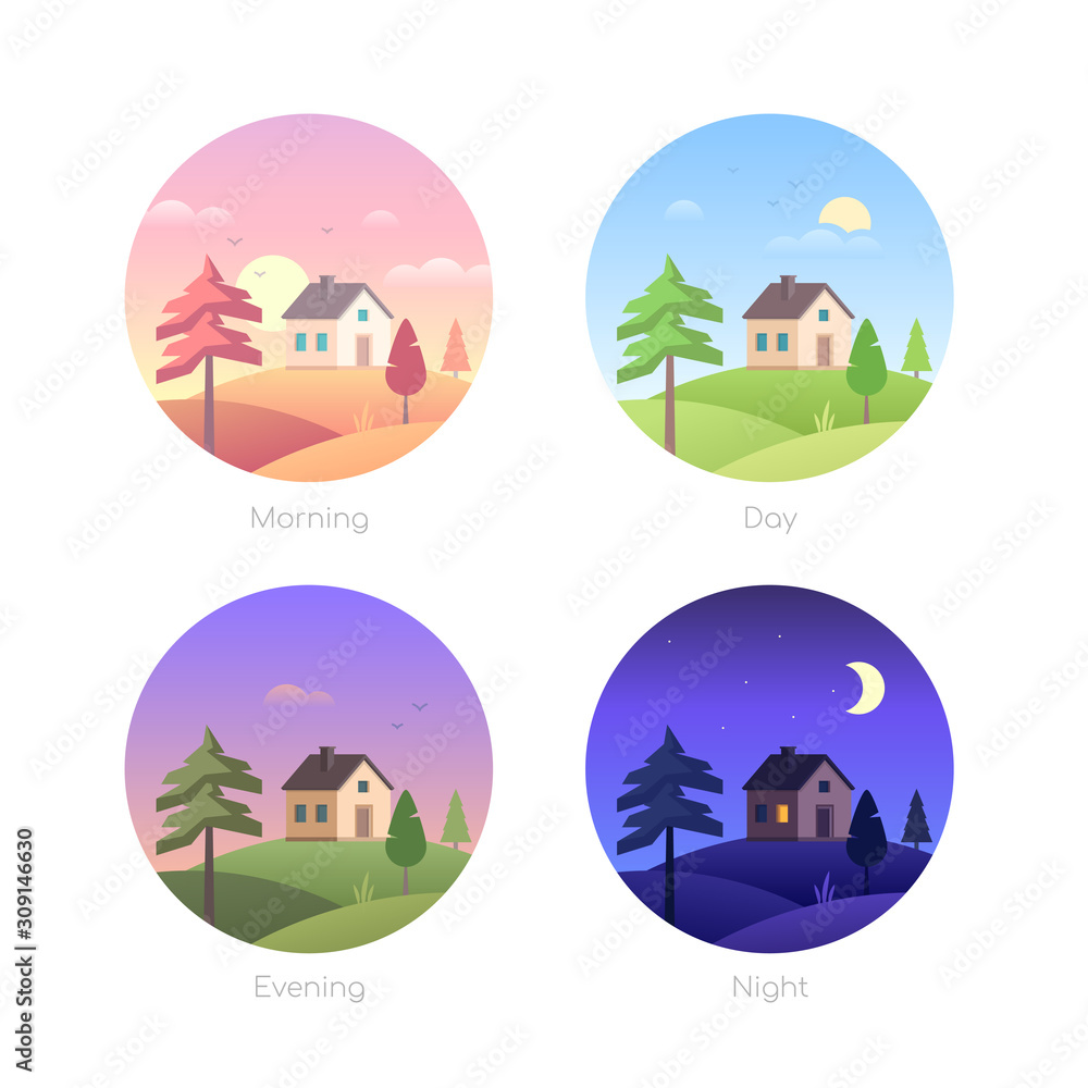 Parts of the day - set of flat design style vector elements Stock ...