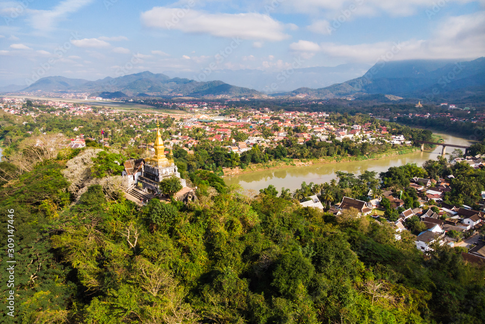 Panorama view of Luang Prabang Laos. top Phou Si, the hill that ...