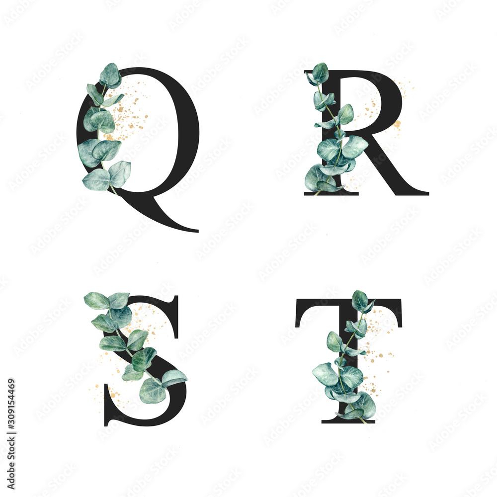 Floral alphabet with watercolor eucalyptus sprigs and gold splash ...