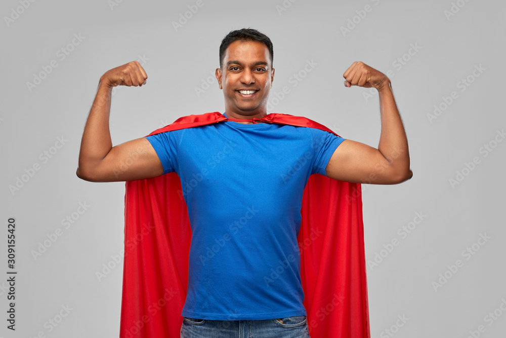 super power and people concept - indian man in red superhero cape ...