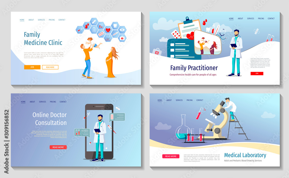 Set of web page design templates for Laboratory diagnostic, Family ...