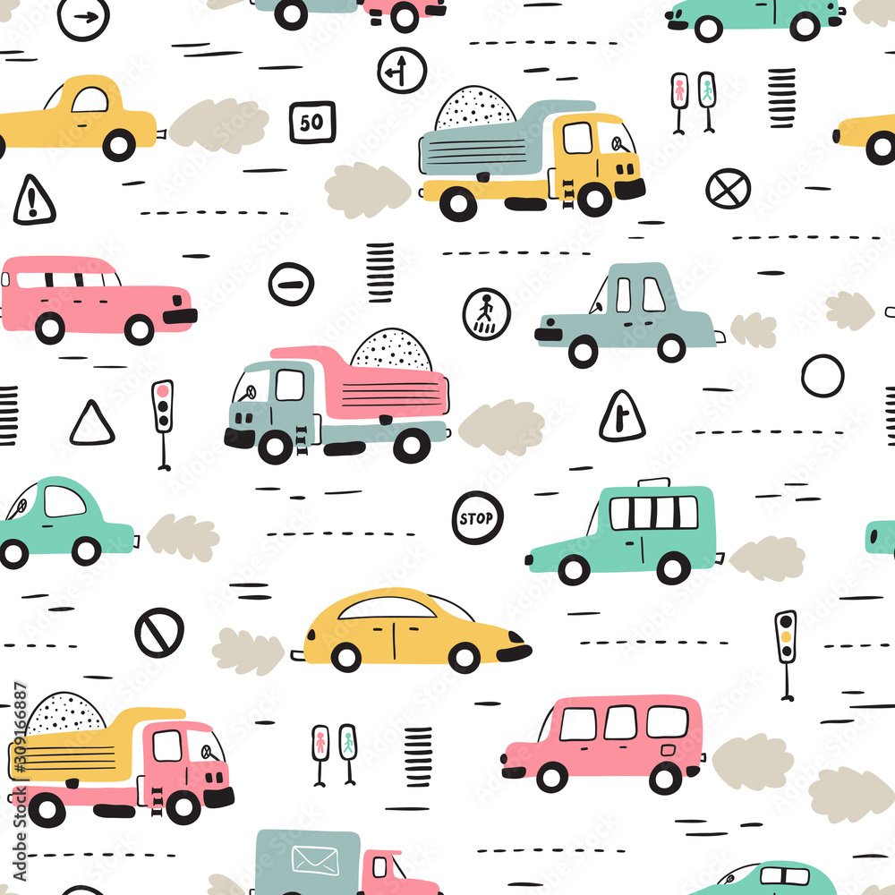 Cartoon Transportation Background for Kids. Vector Seamless Pattern ...