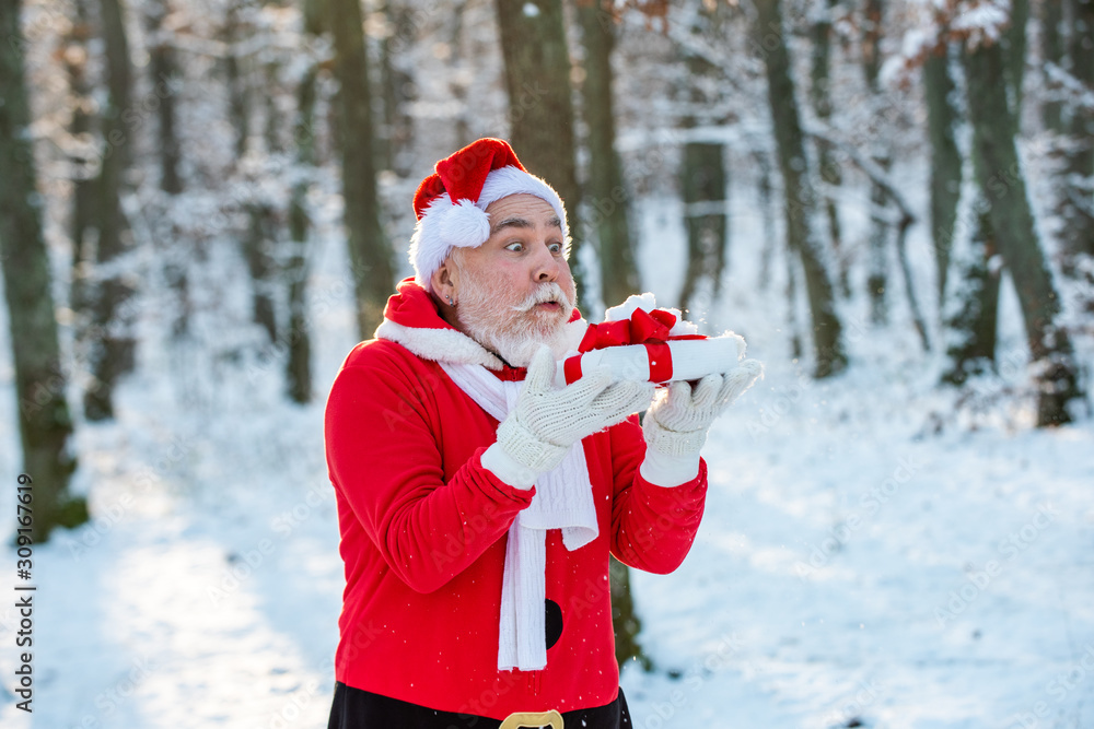 Santa Claus blows snow. Happy Santa blowing on snow. Portrait of happy Santa Claus walking in ...