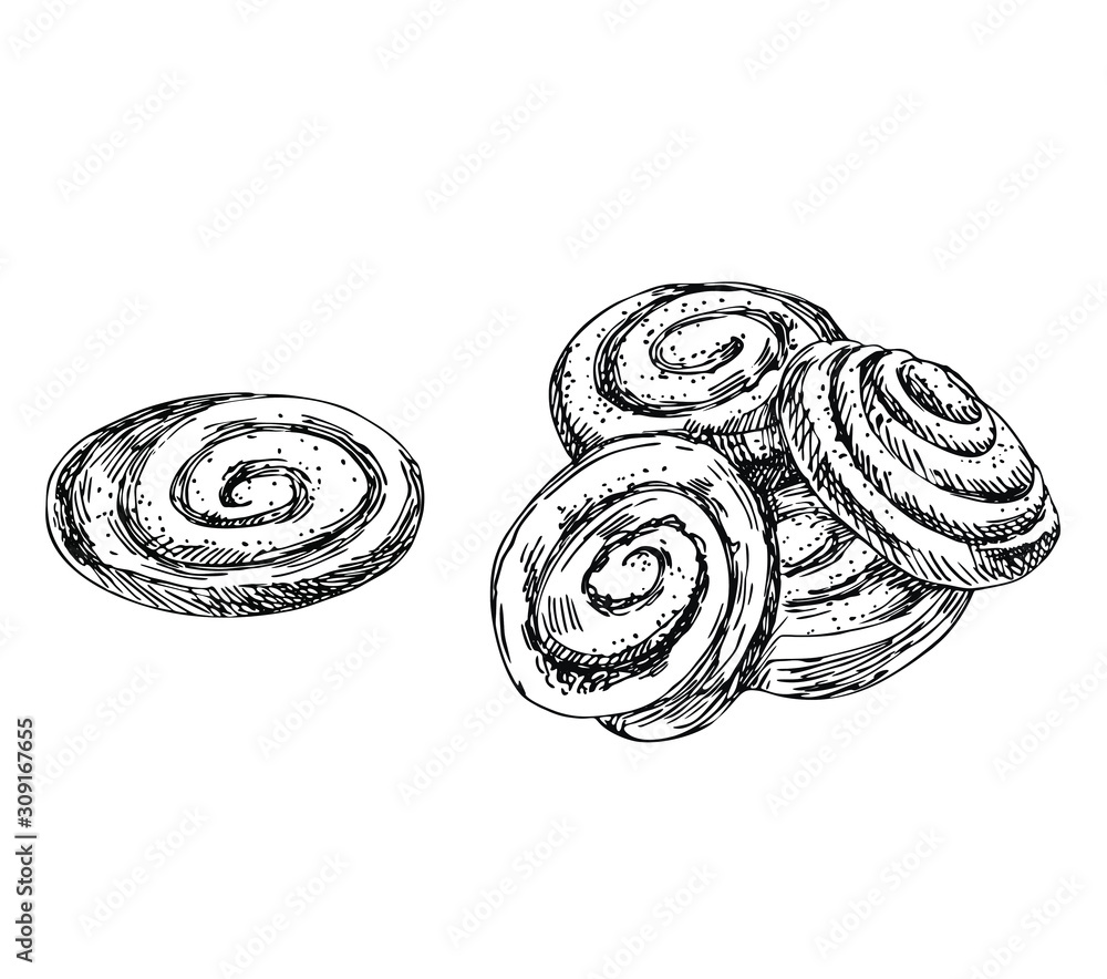 Puff pastry cakes in line art style. Cozy breakfast. Stock Vector ...