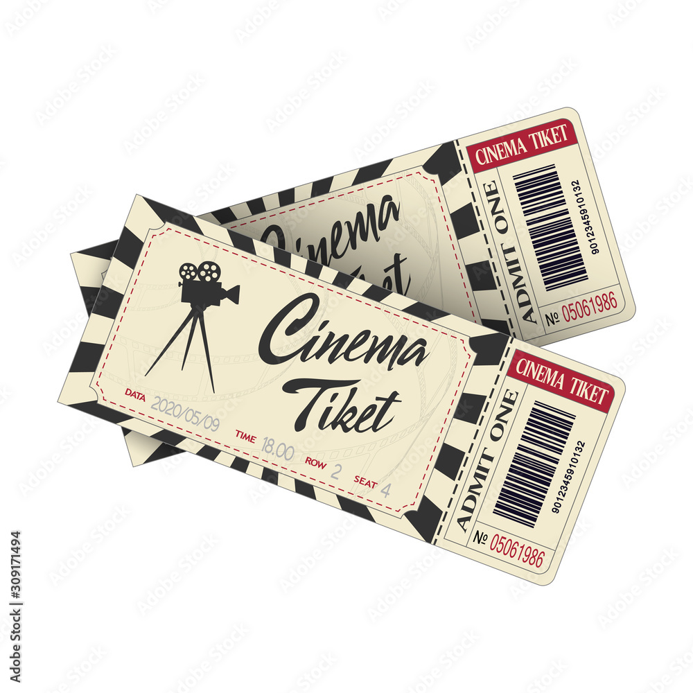 Two cinema tickets isolated on white background. Retro pair movie ...
