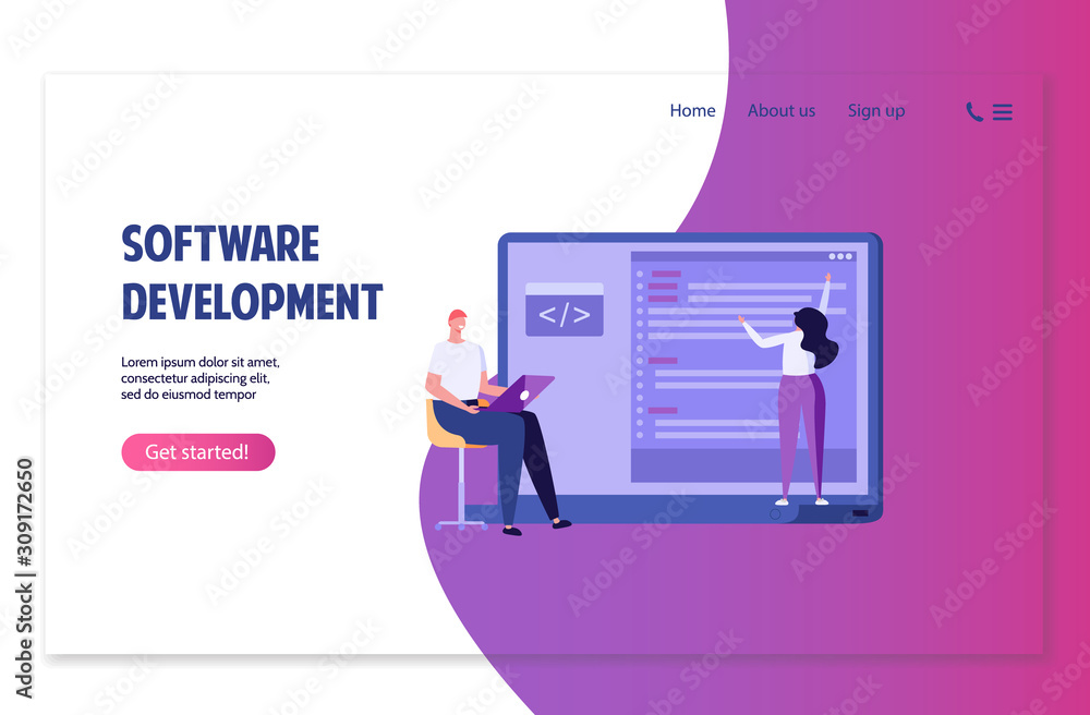 Programmers tiny man and woman writes code on laptop. Concept of ...