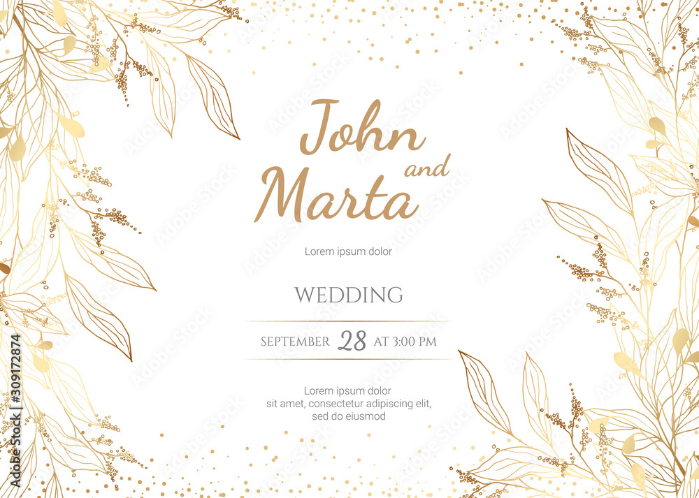 Wedding Invitation with Gold Flowers. background with geometric golden ...