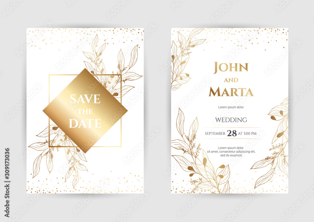 Wedding Invitation with Gold Flowers. background with geometric golden ...