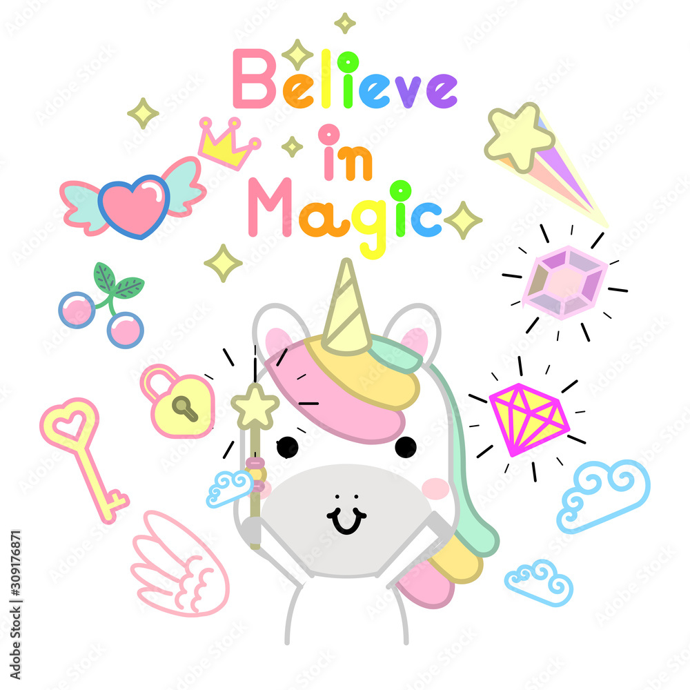 Cute magical unicorn and fairy elements collection and lettering quote ...