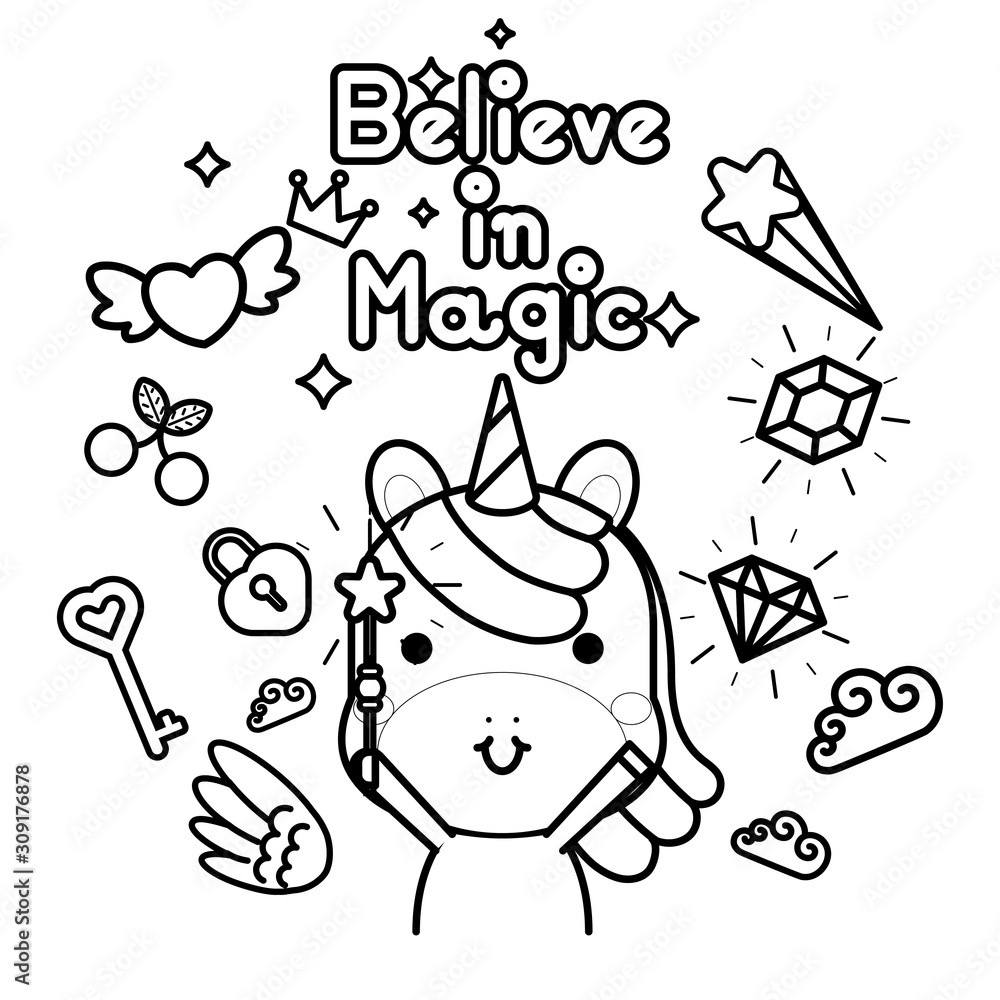 Cute magical unicorn and fairy elements collection and lettering quote ...