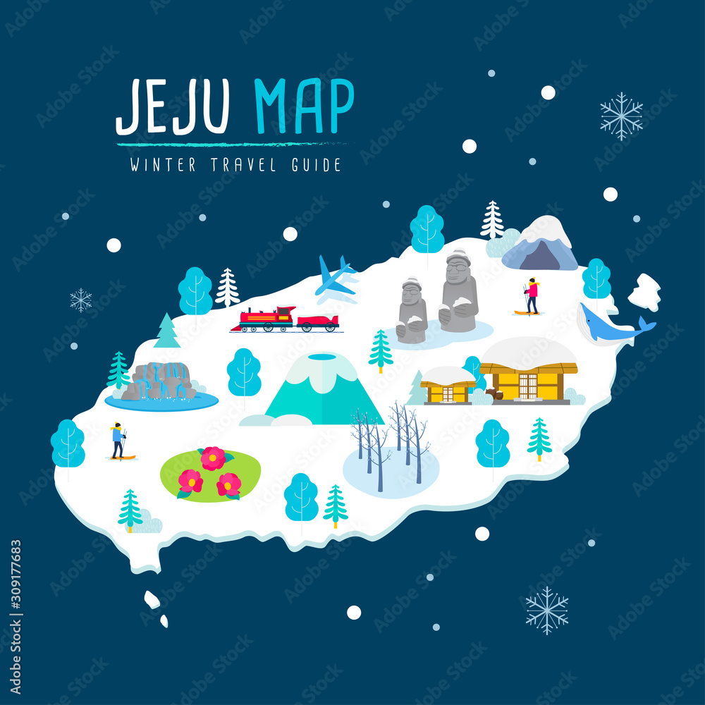Jeju island travel map vector illustration, Attractions in flat design ...