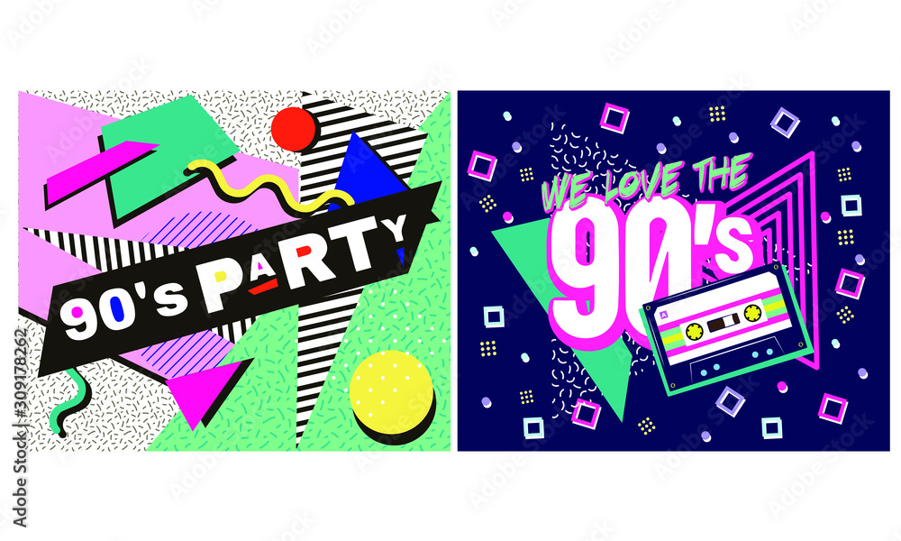 Retro party poster. Music of the nineties, vintage cassette tape and ...