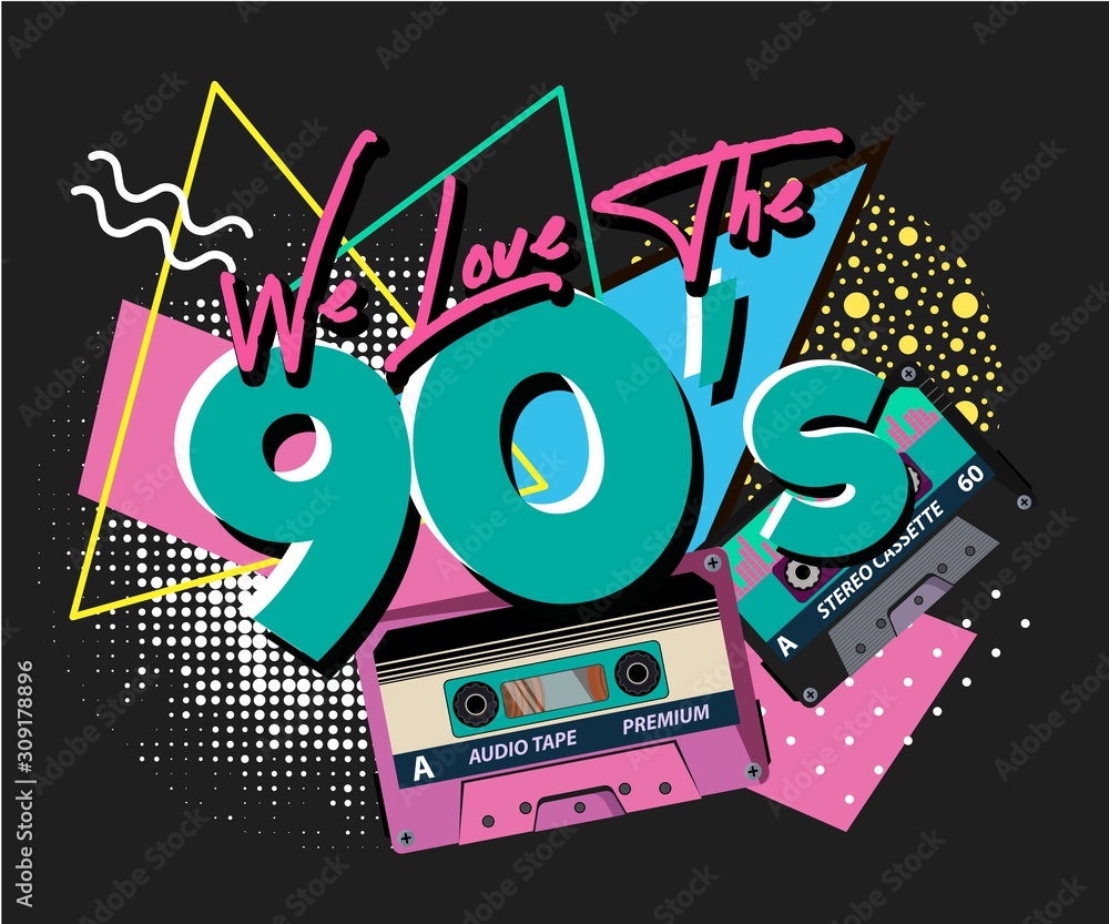 Retro party poster. Music of the nineties, vintage cassette tape and ...