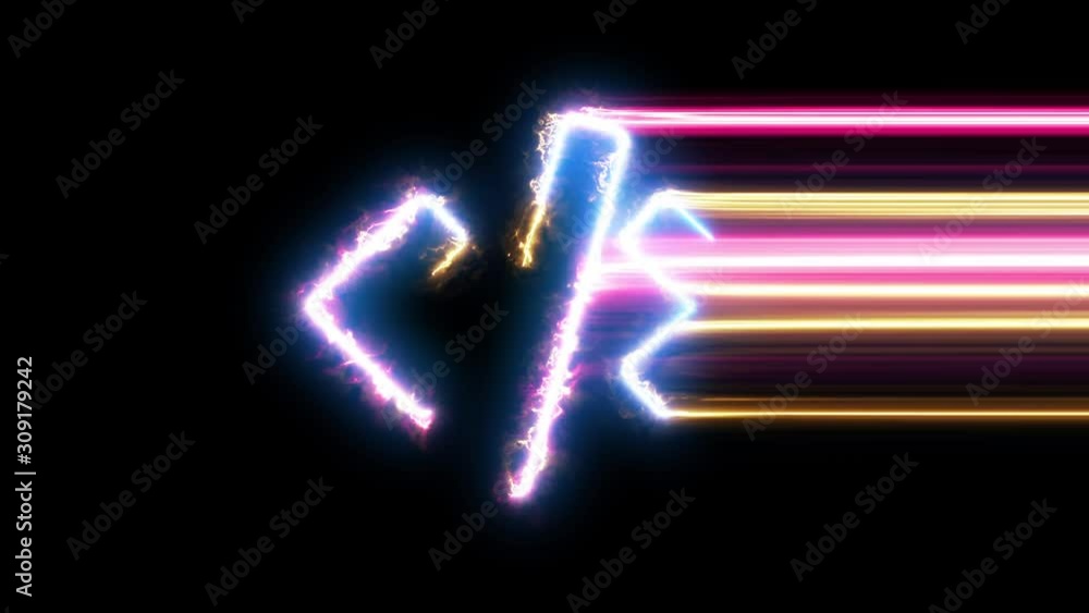 Code symbol reveal. Blue, yellow, pink colors smoothly shimmer and form ...