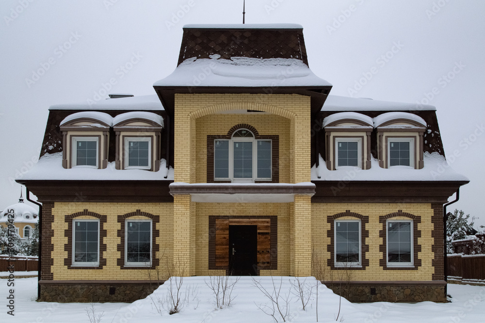 New cottage brick house after construction. Modern architecture concept ...