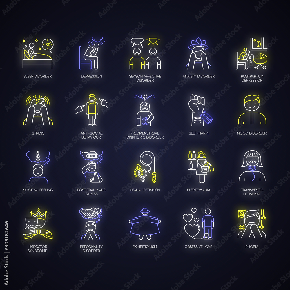 Vecteur Stock Mental disorder neon light icons set. Depression and ...