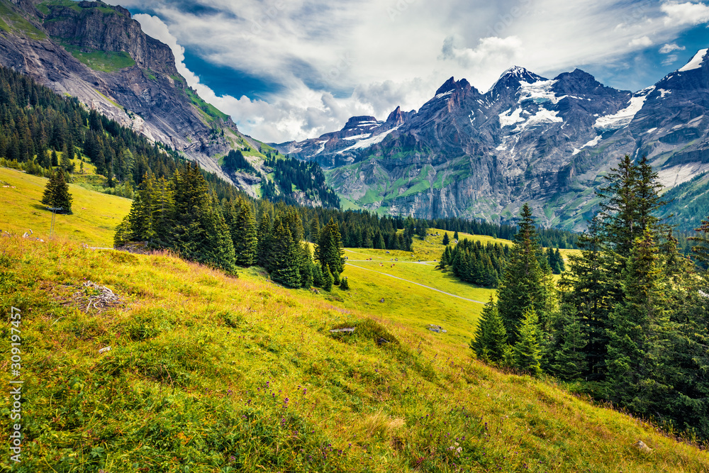 Dramatic summer view of mountain valley from the Oeschinen Lake ...