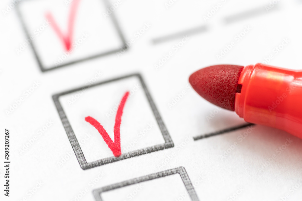 Agree, check boxes on white sheet. Red check mark, tick and felt tip ...