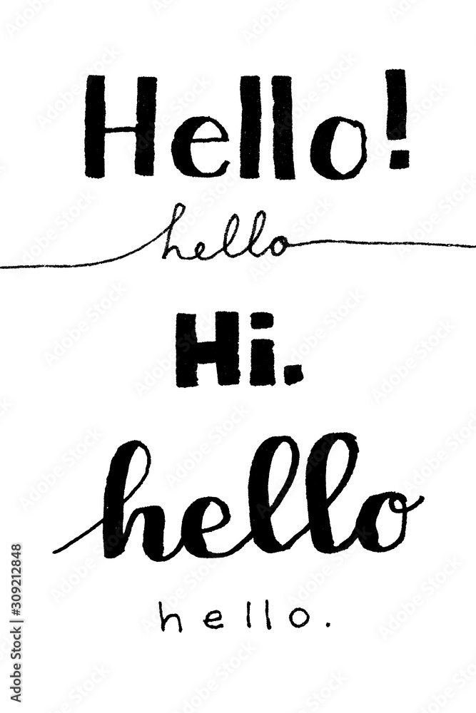Poster Hello hi text hand drawn written in black isolated on white ...
