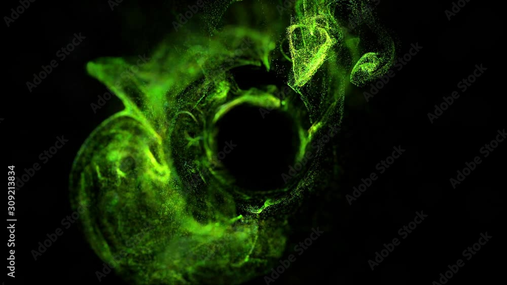 stream of green luminous particles underwater on black background runs ...