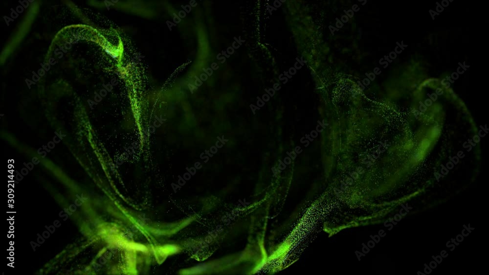 stream of green luminous particles underwater on black background runs ...