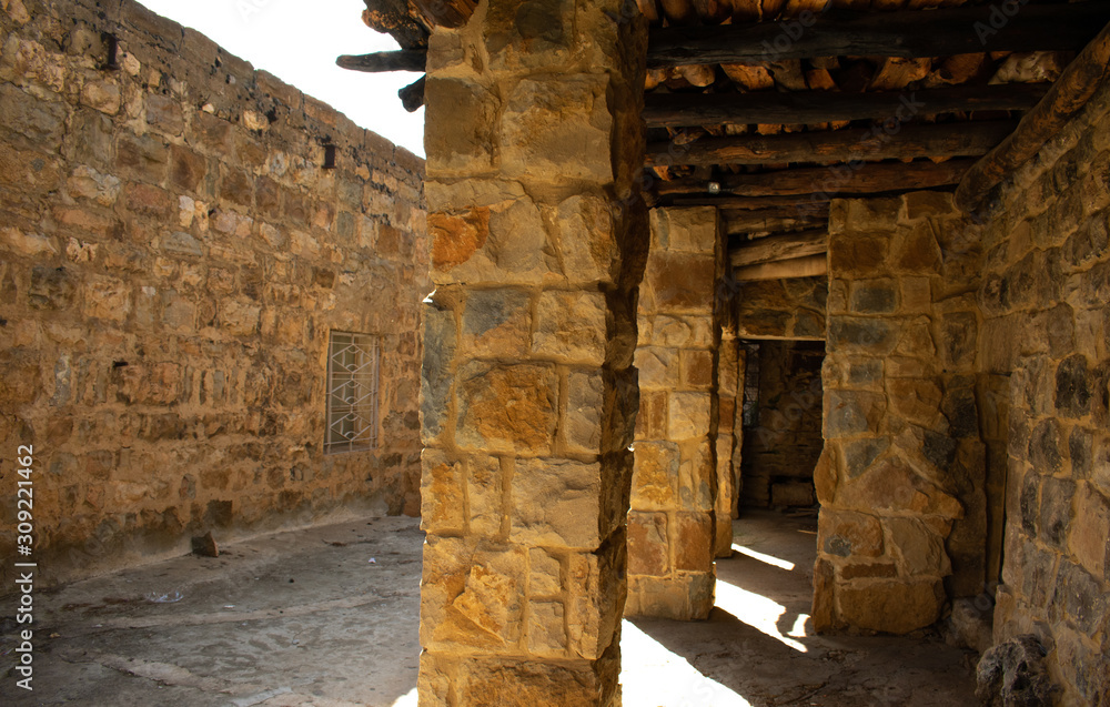Courtyard of an old stone house in Bqaa Kafra in the Lebanon mountains ...