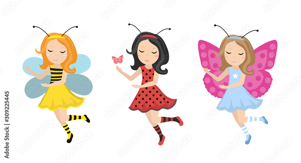 Cute little girl ladybug, bee, butterfly icon set in flat, cartoon ...