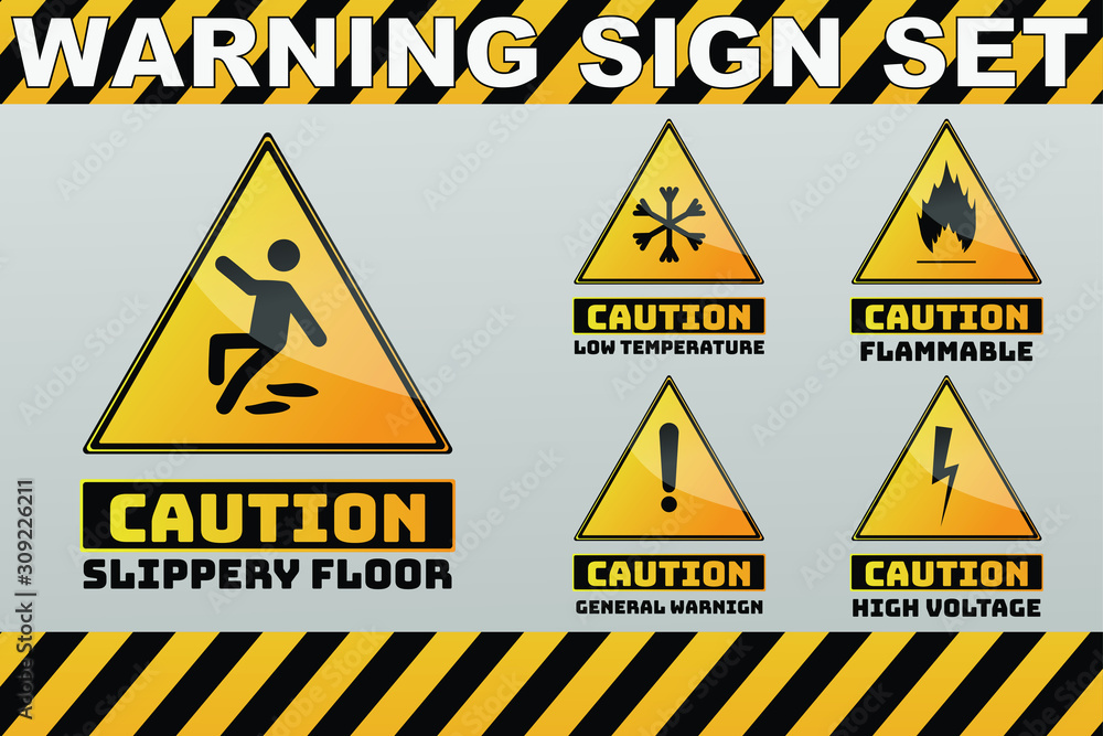 Set of yellow Triangle Hazard warning, attention sign. Isolated on ...