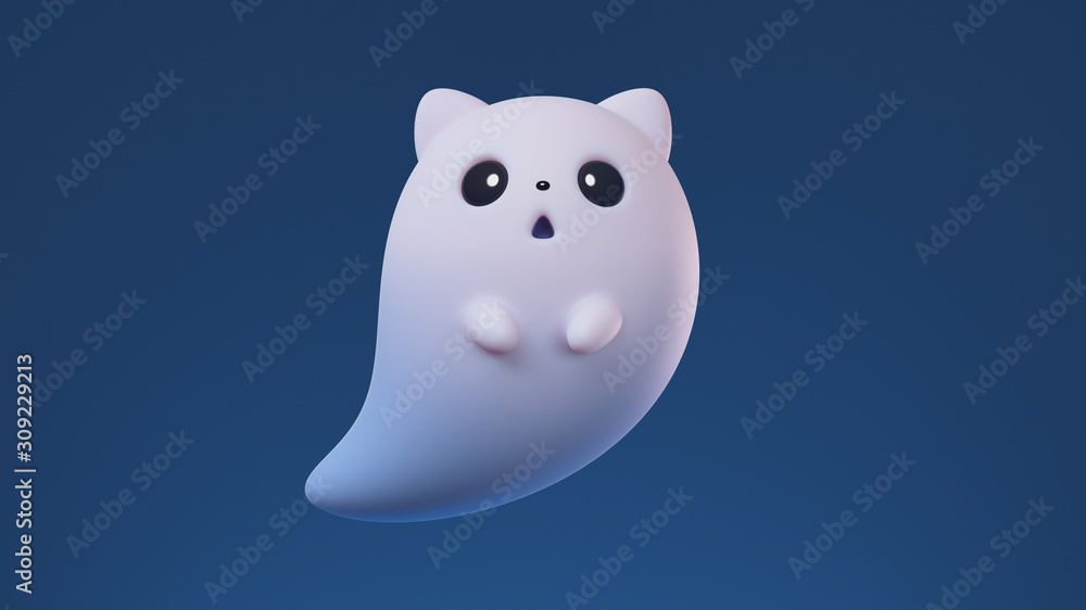 3d illustration cute cartoon white ghost cat floating in the air on ...