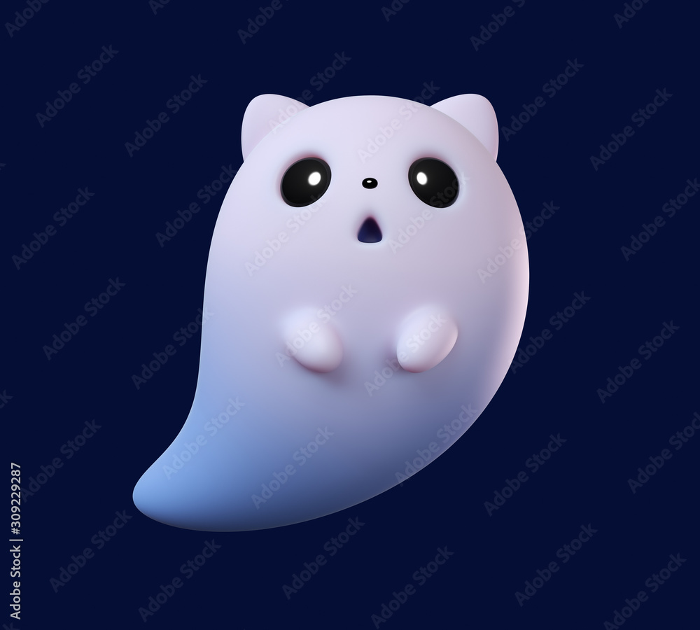 3d illustration cute cartoon white ghost cat floating in the air on ...
