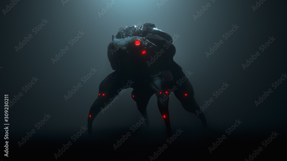 3d illustration of a cyberpunk scary creature with red luminous eyes in ...