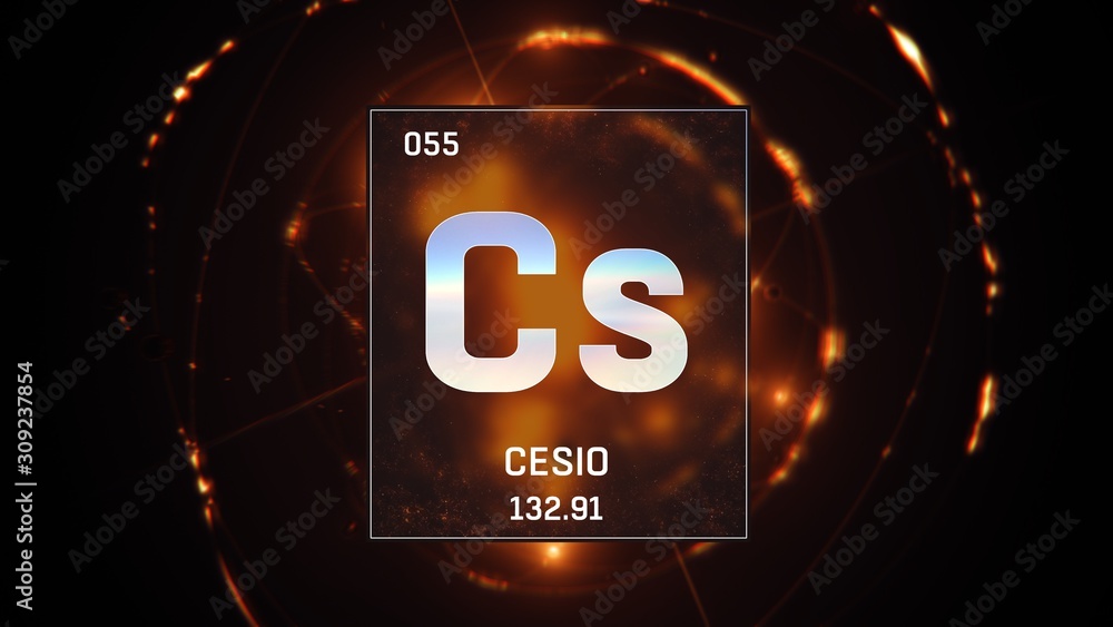3D illustration of Cesium as Element 55 of the Periodic Table. Orange ...